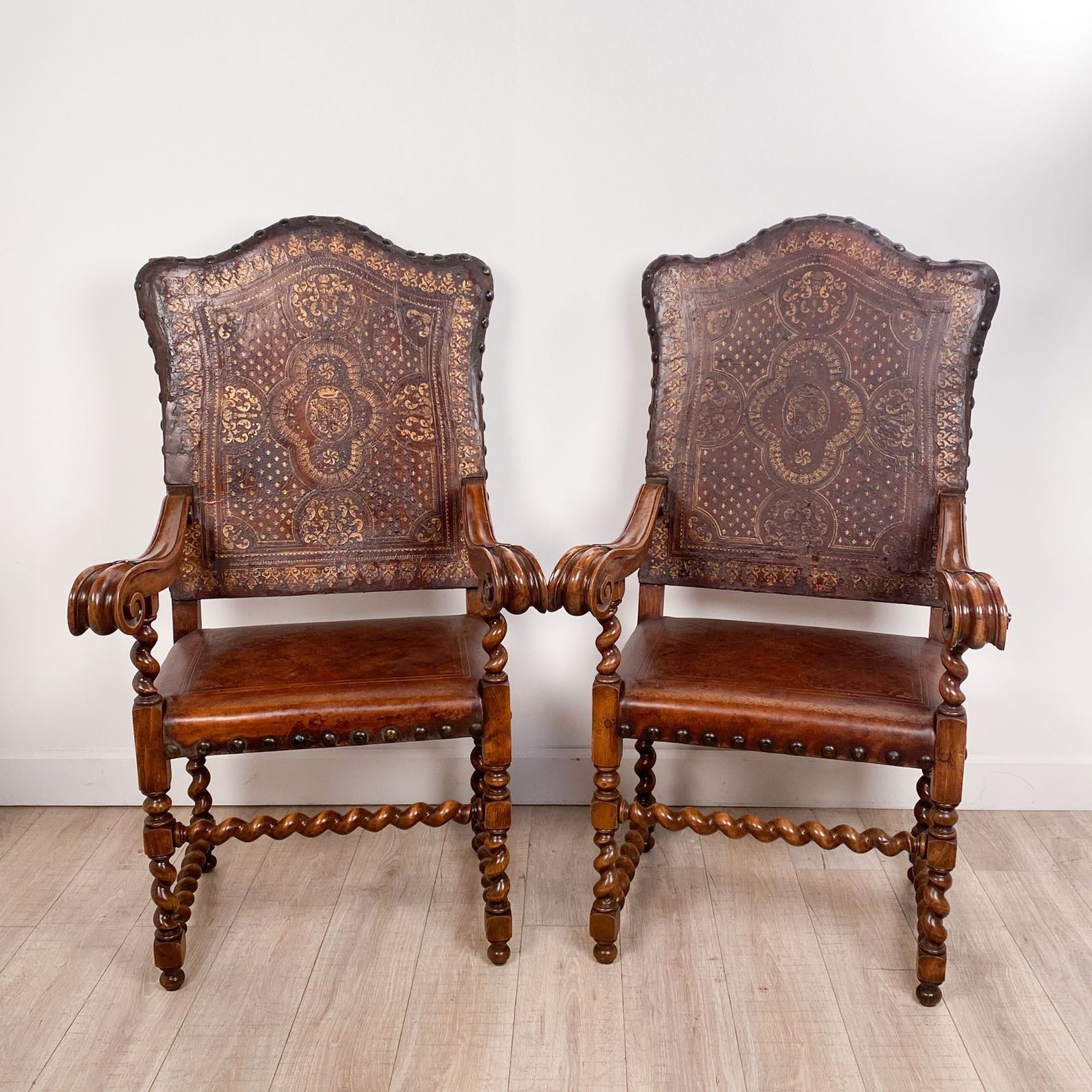 Pair of Italian Oversized Carved Baroque Style Thrones in Gilt Tooled ...